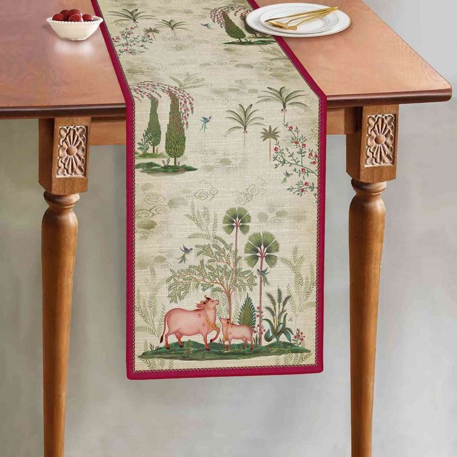Pichwai Nathdwara Table Runner - Beige